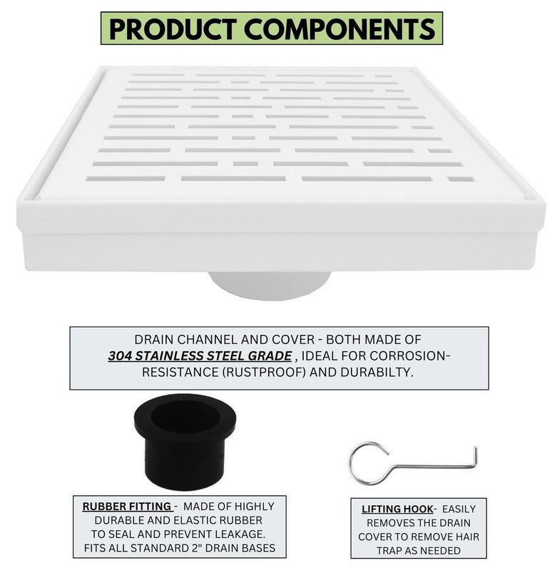 White 6 Square Drain Cover with Hair Trap and Drain Flange, Broken Lane ...